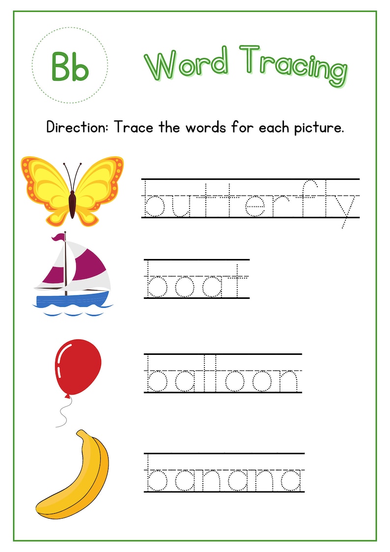 26 Printable Tracing Words Sheets | Colorful Illustrative A to Z Word ...