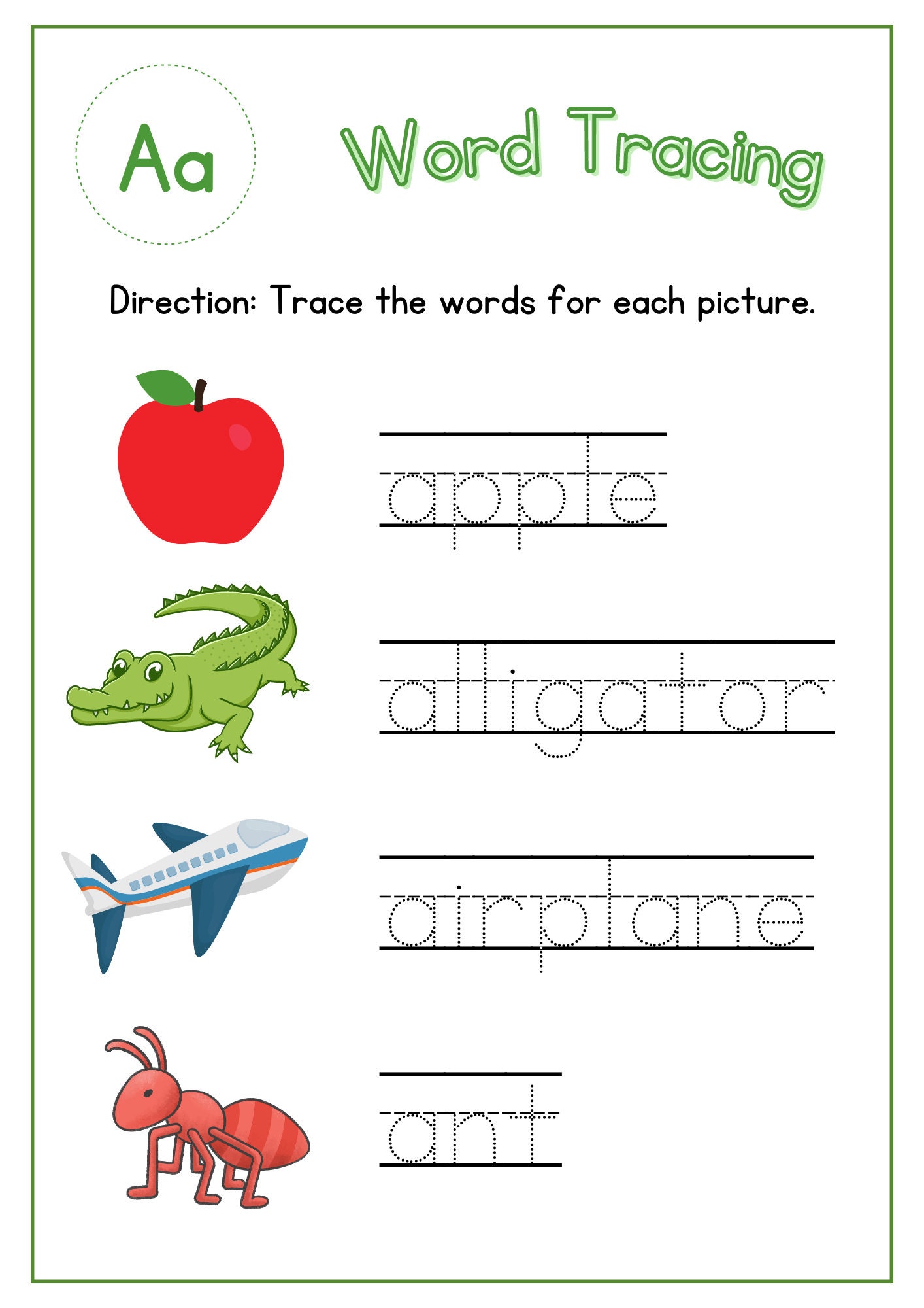26 Printable Tracing Words Sheets | Colorful Illustrative A to Z Word ...