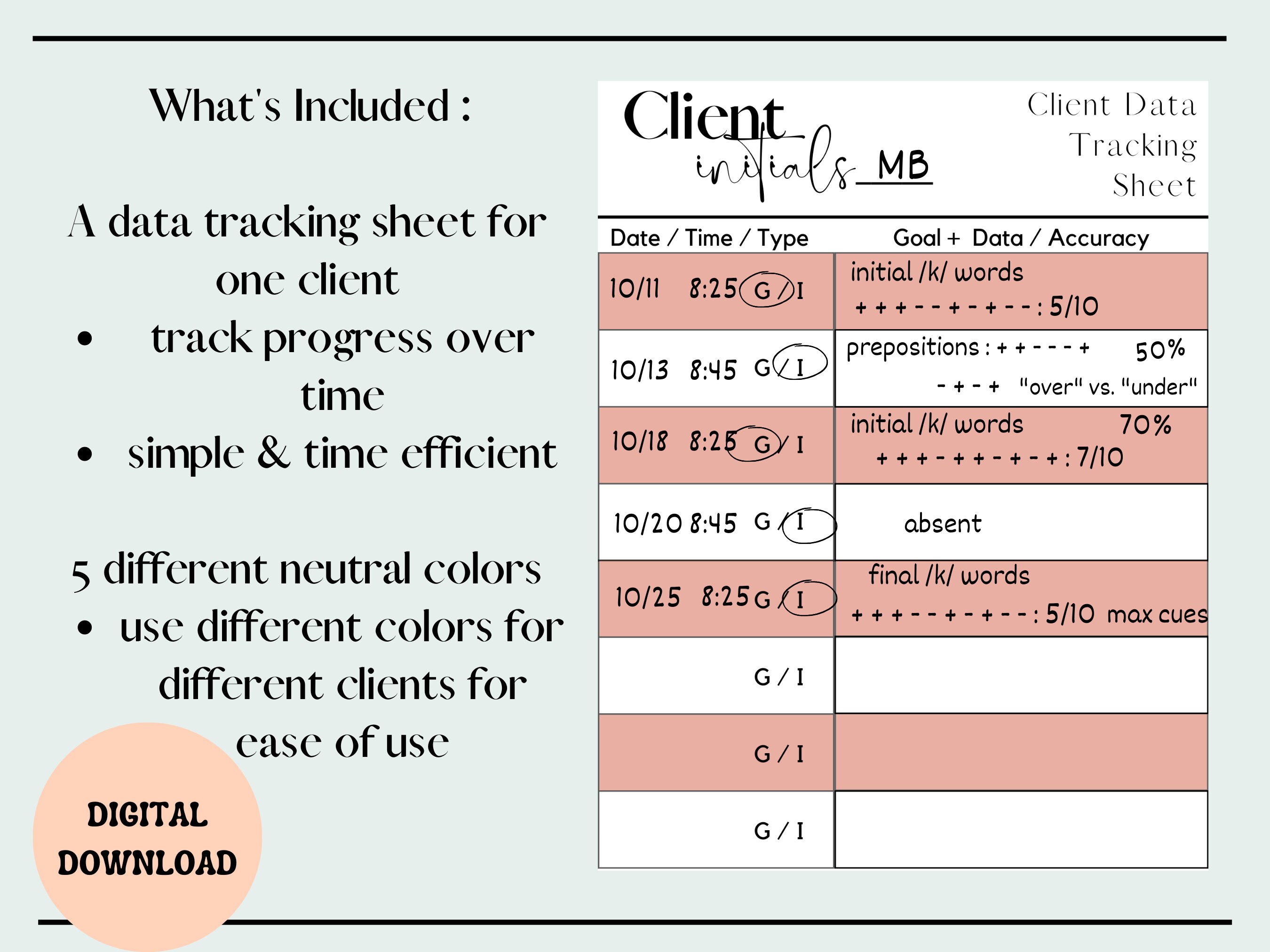 Client Data Sheet // Data Tracking Sheet // Allied Health // SLP, OT ...