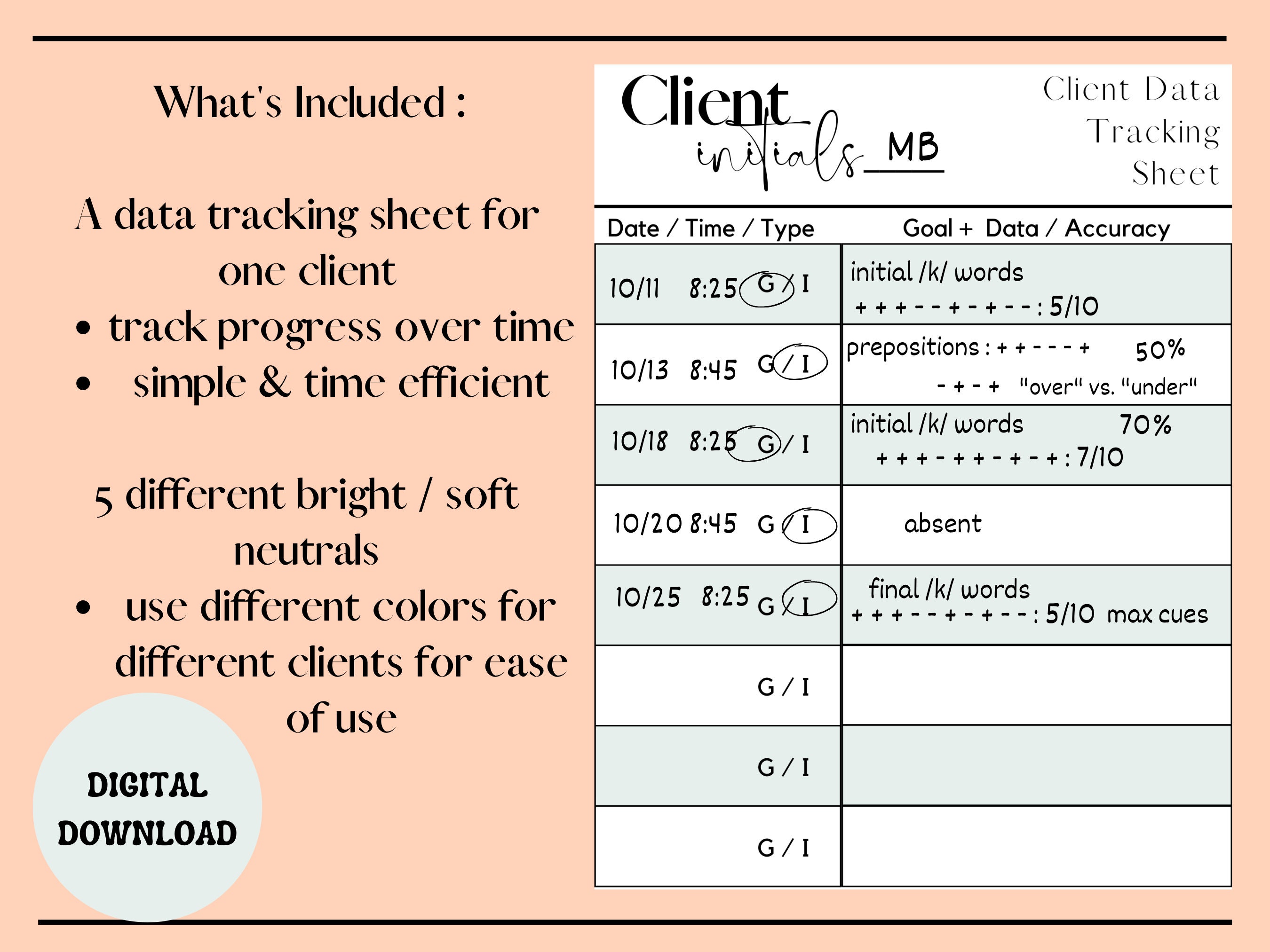 Client Data Sheet // Data Tracking Sheet // Progress Monitoring ...
