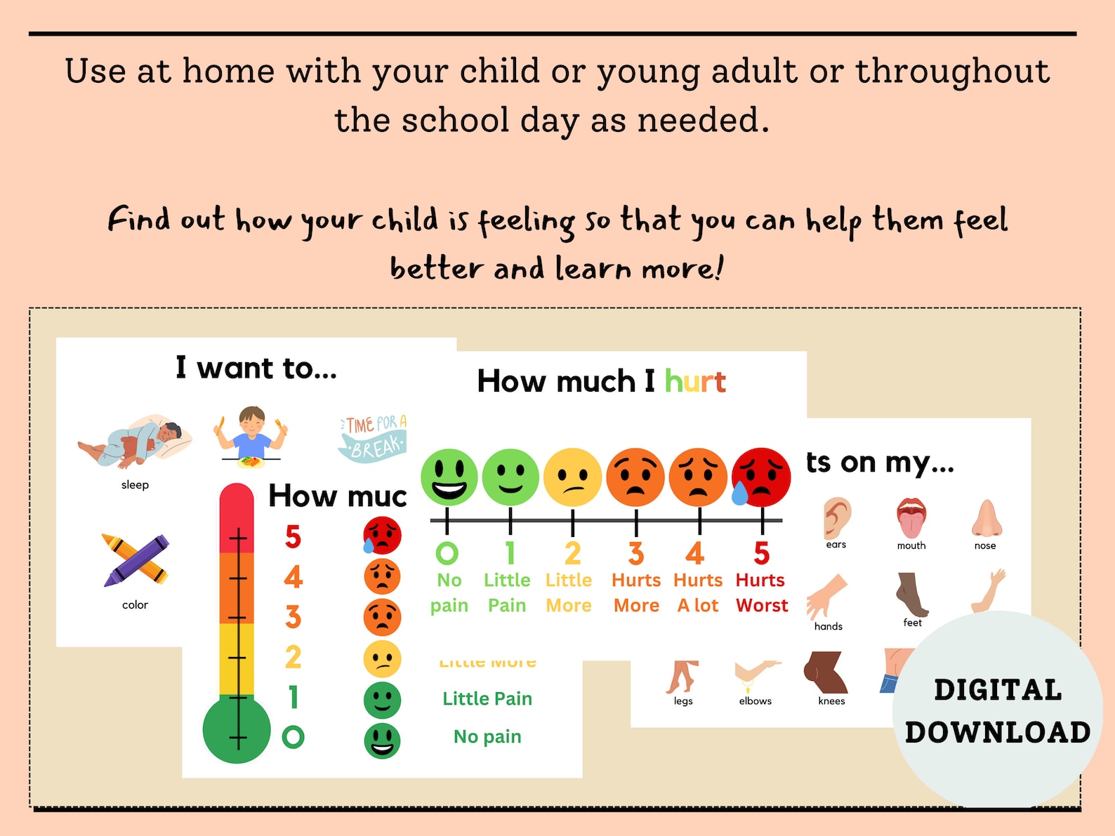 Pain Scale for Kids, Pain Thermometer // Special Needs, Nonverbal ...