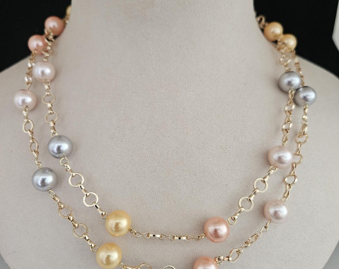 Swarovski Crystal Pearl Long Necklace 18k Gold Plated Chain, Long 98 Cm ...