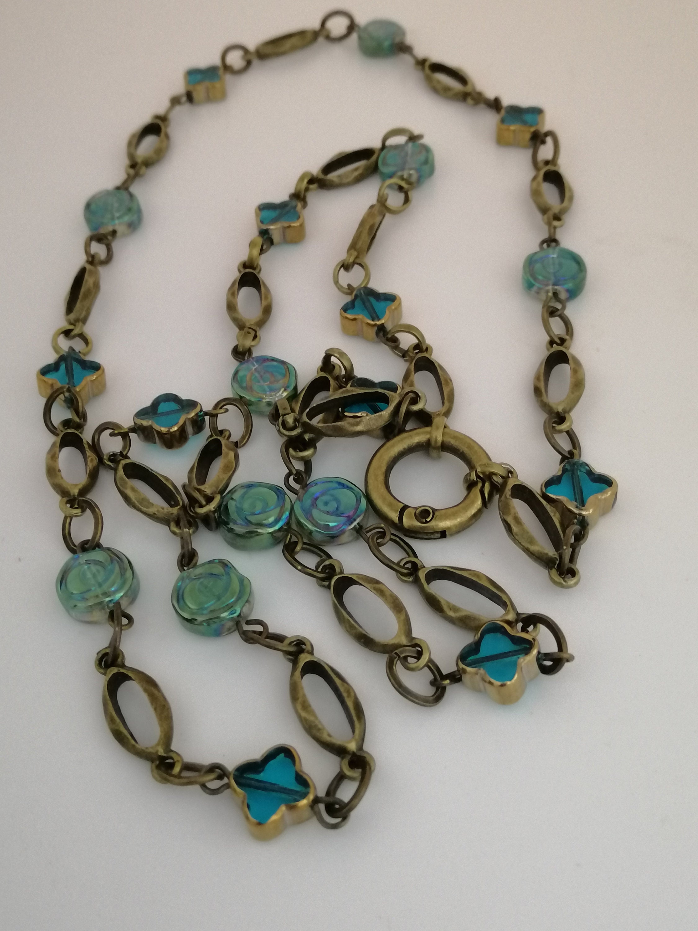 Antique Bronze Long Crystal Necklace Bohemian Beaded Long Necklace in ...