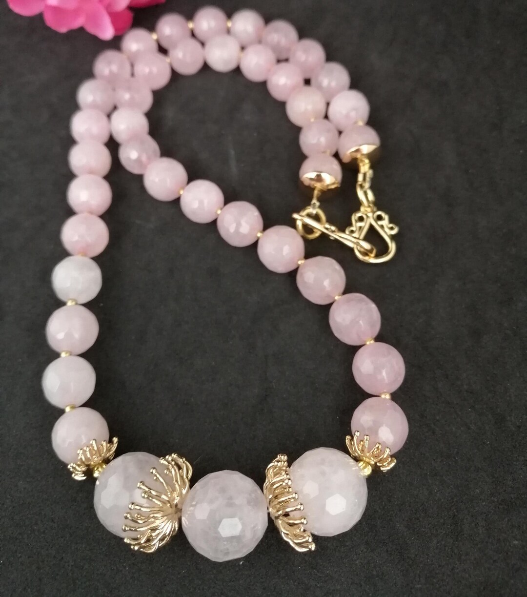 Rose Quartz Beaded Necklace, Pink Gemstone Necklace, Artisan Handmade ...