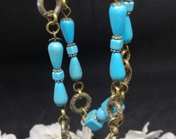 Long Turquoise Necklace Silver Gemstone Bead Necklace Blue Turquoise ...