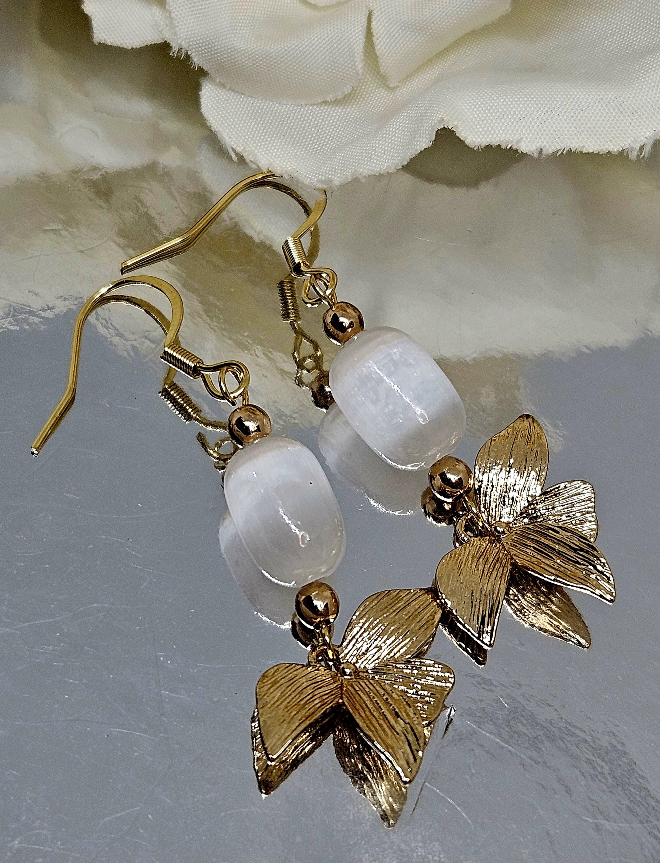 Selenite Orchid Earrings: Natural Crystal Stone, 18k Gold Filled ...