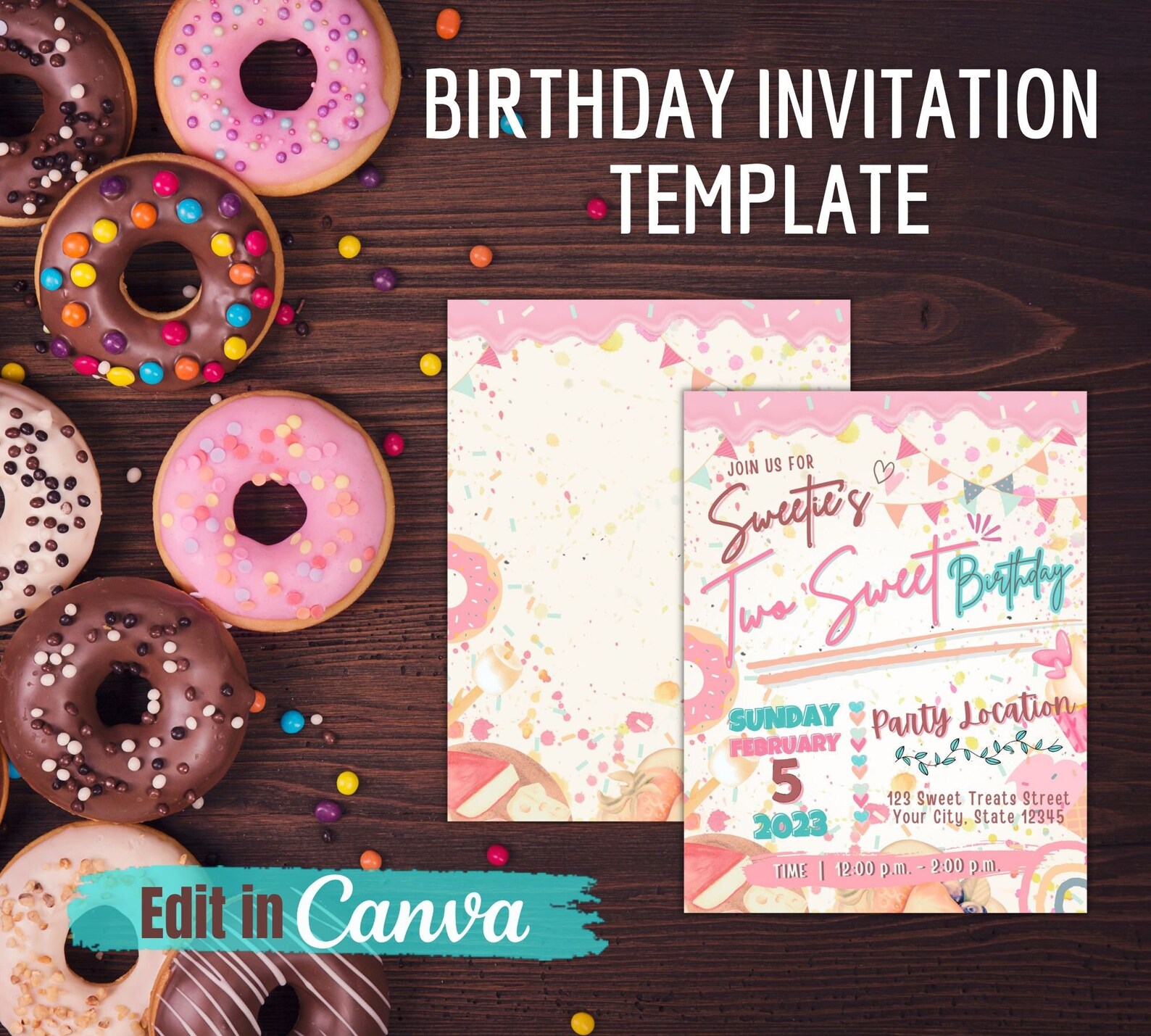 Two Sweet Birthday Invitation – Donut & Desserts Theme | Editable ...