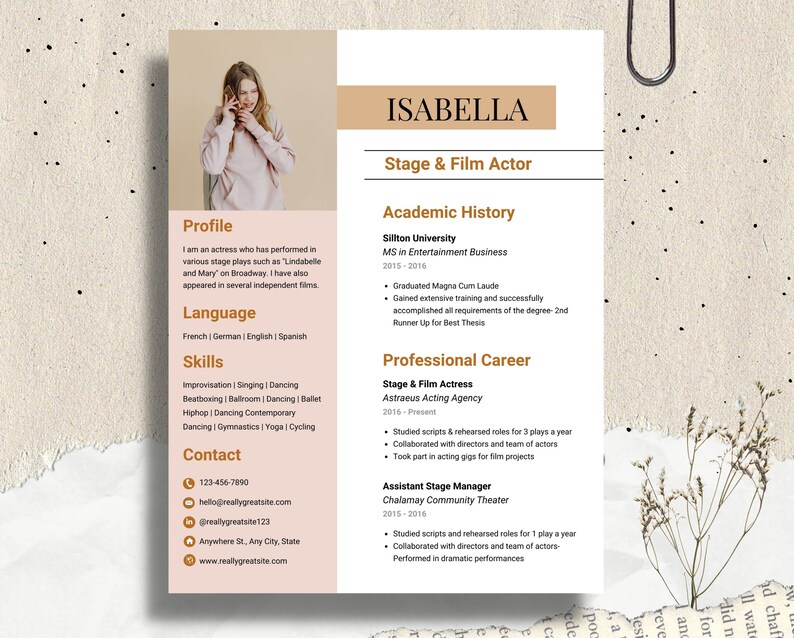 Actress & Actor Resume Template With Photo for Word, Acting Resume ...