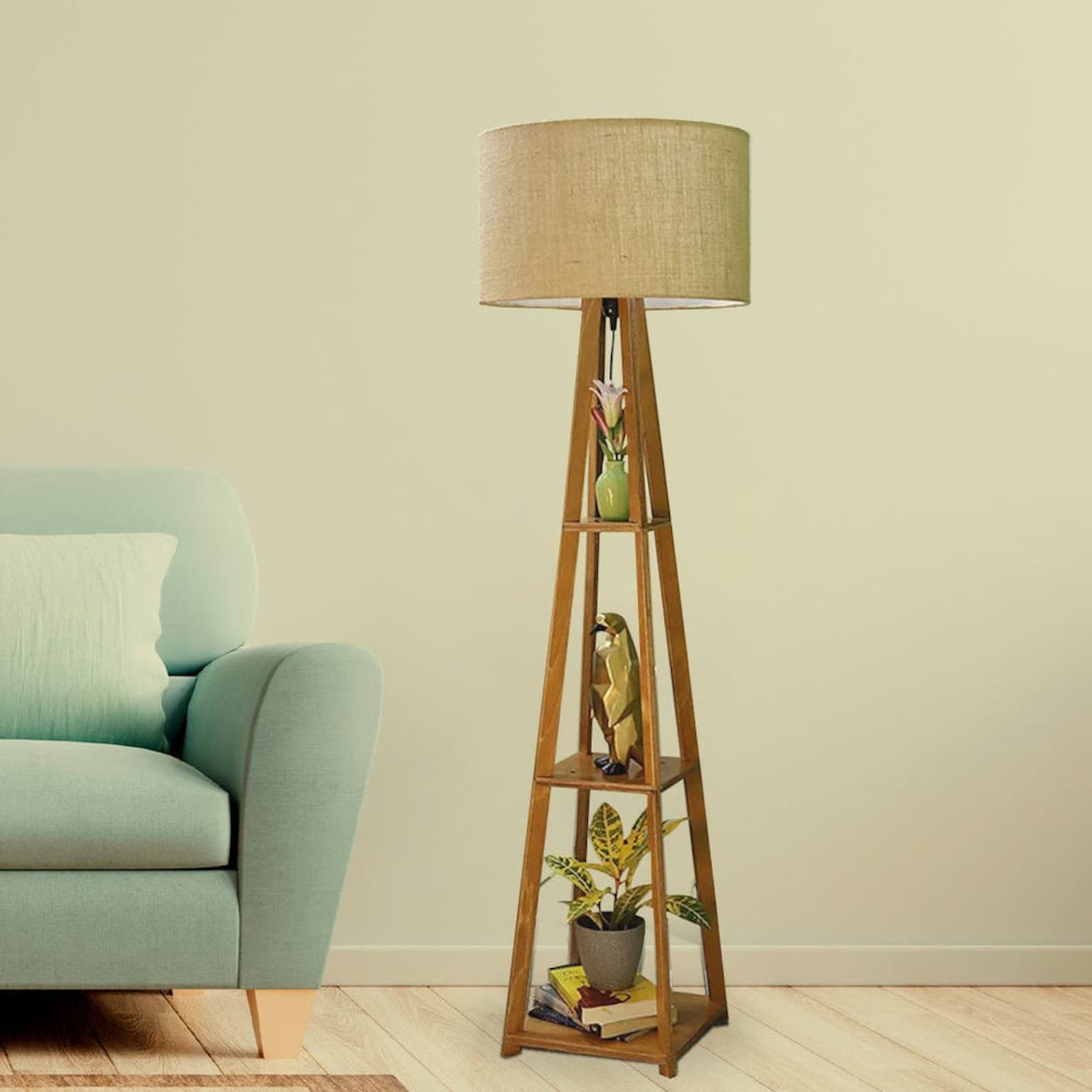 Birch Plywood Tripod Floor Lamp: Beige Jute Shade, Home Decor - Etsy