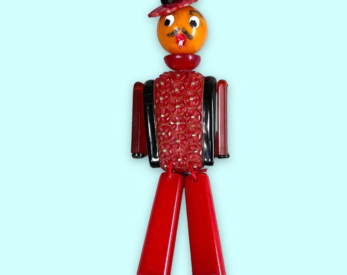 Bakelite Articulated Figural Brooch, Jointed Man With Beret & Cigarette ...