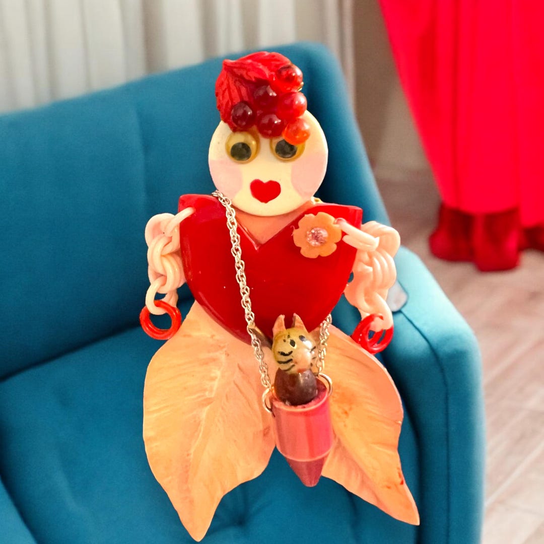 Red and Pink Childless Cat Lady With Bakelite Cat, Galalith & Early ...