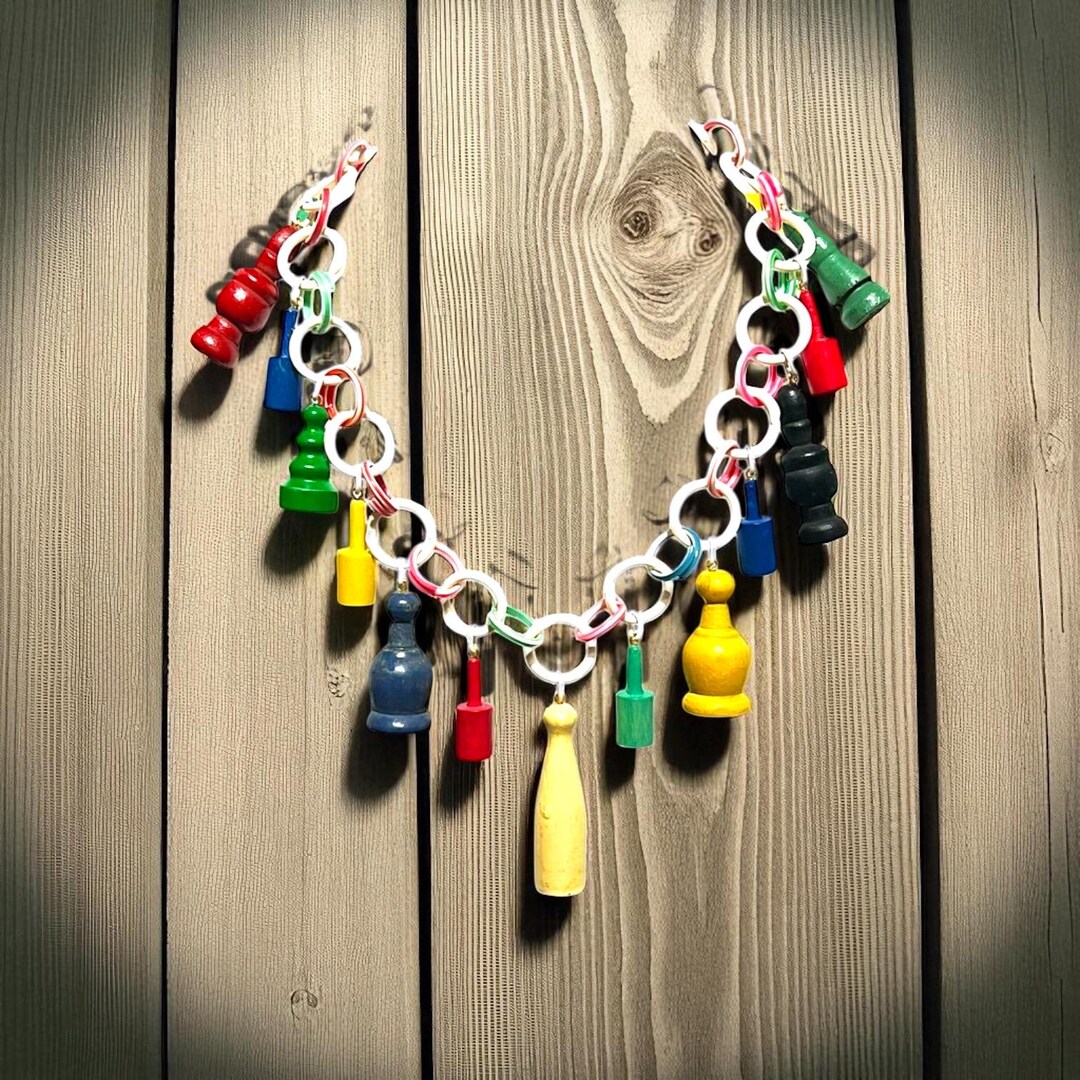 Colorful Wood Necklace: Vintage Game Piece Pendants on Celluloid Chain ...