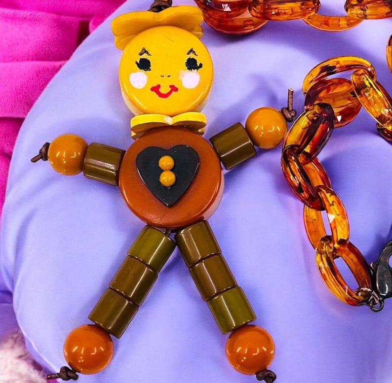Articulated Bakelite Necklace, Girl With Heart and Flower: Upcycled ...