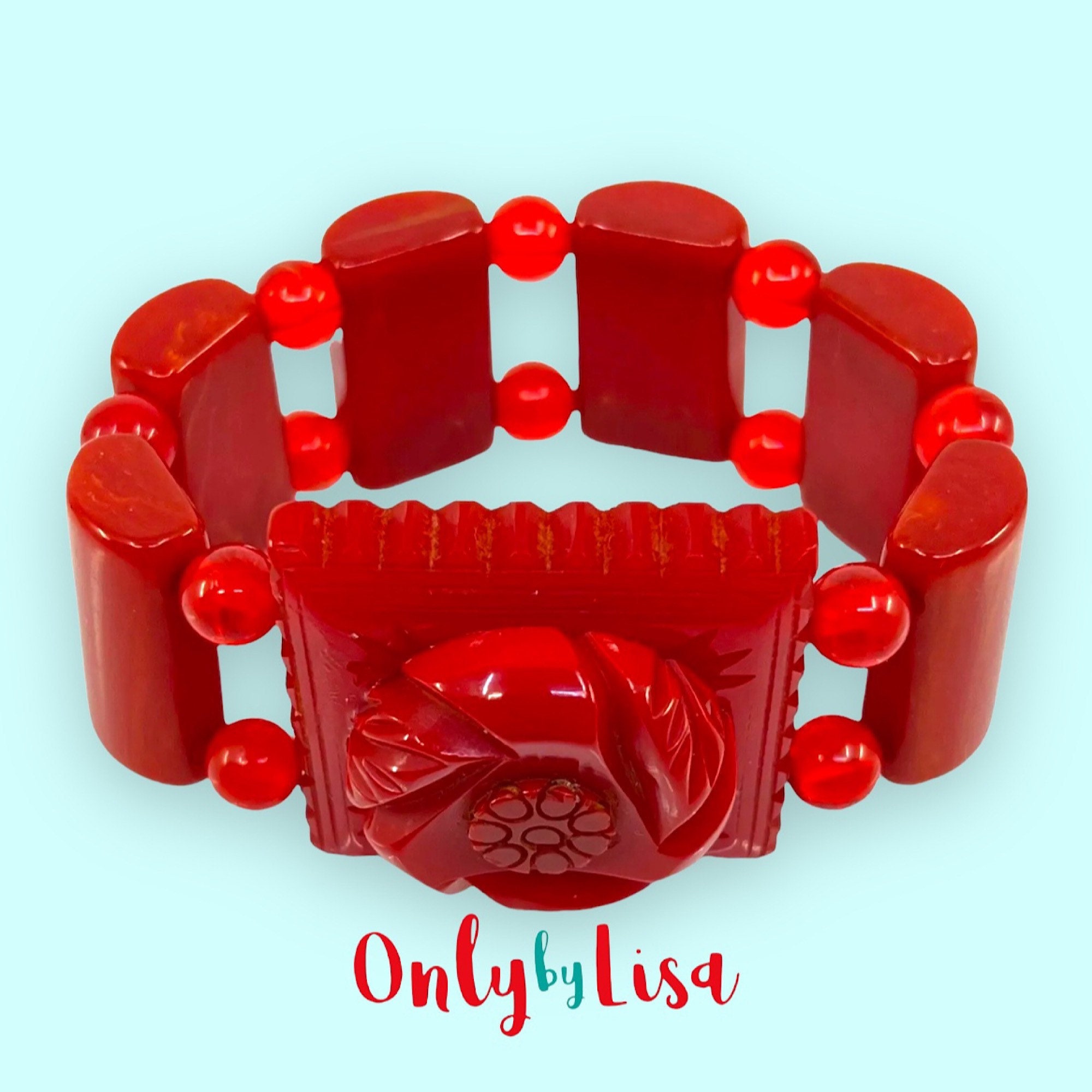 Carved Red Bakelite Flower Stretch Bracelet - Etsy