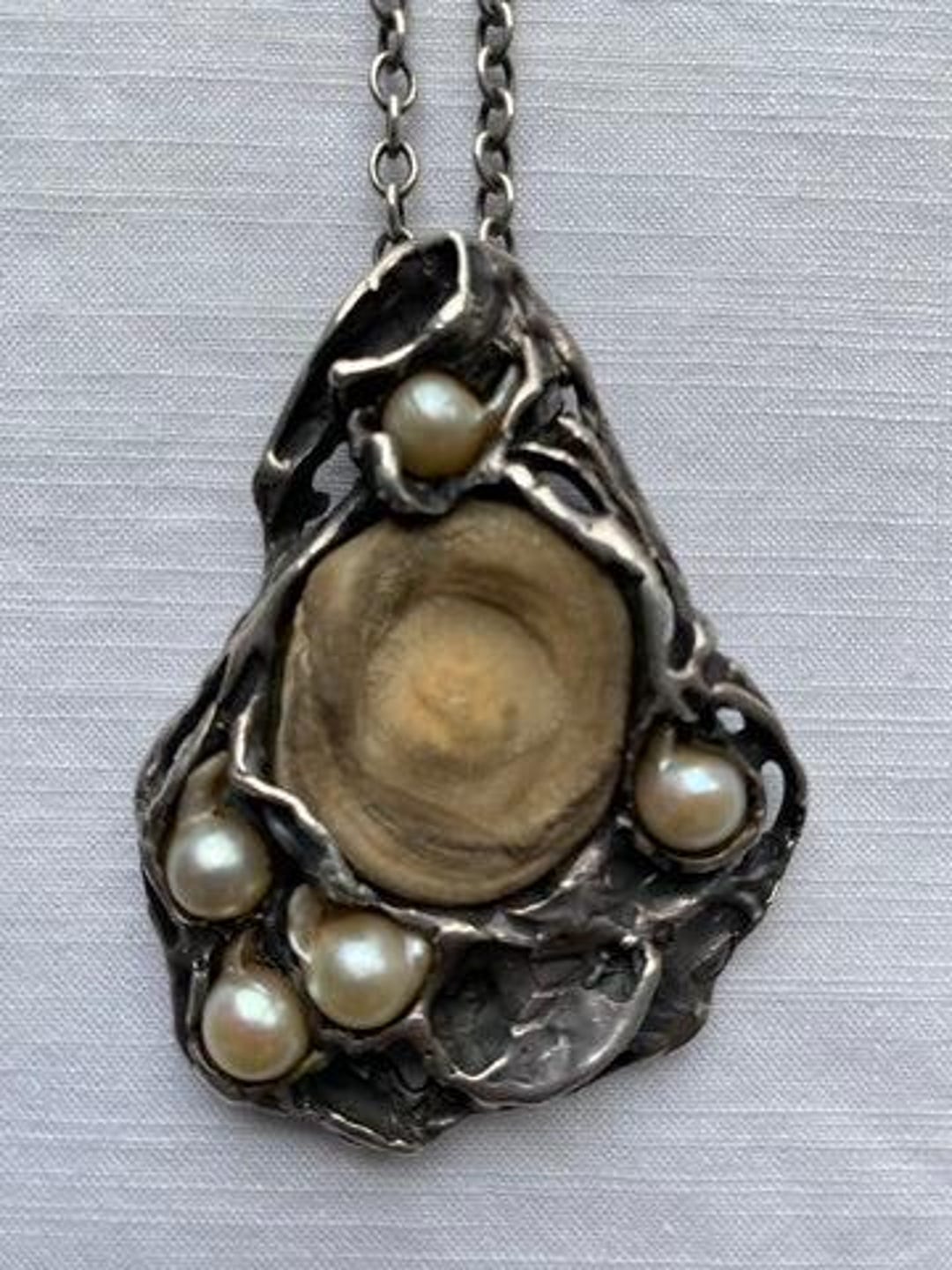 Brutalist Mid Century Petrified Shell Pearl & Silver Pendant - Etsy