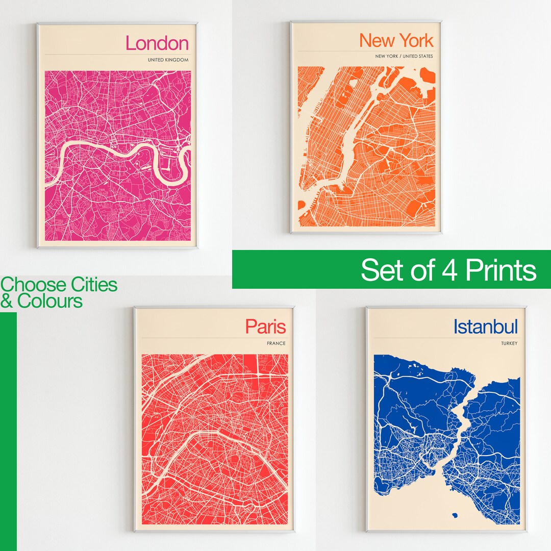 Set of 4 Custom Map Prints, Custom City Print, Custom Map Poster ...
