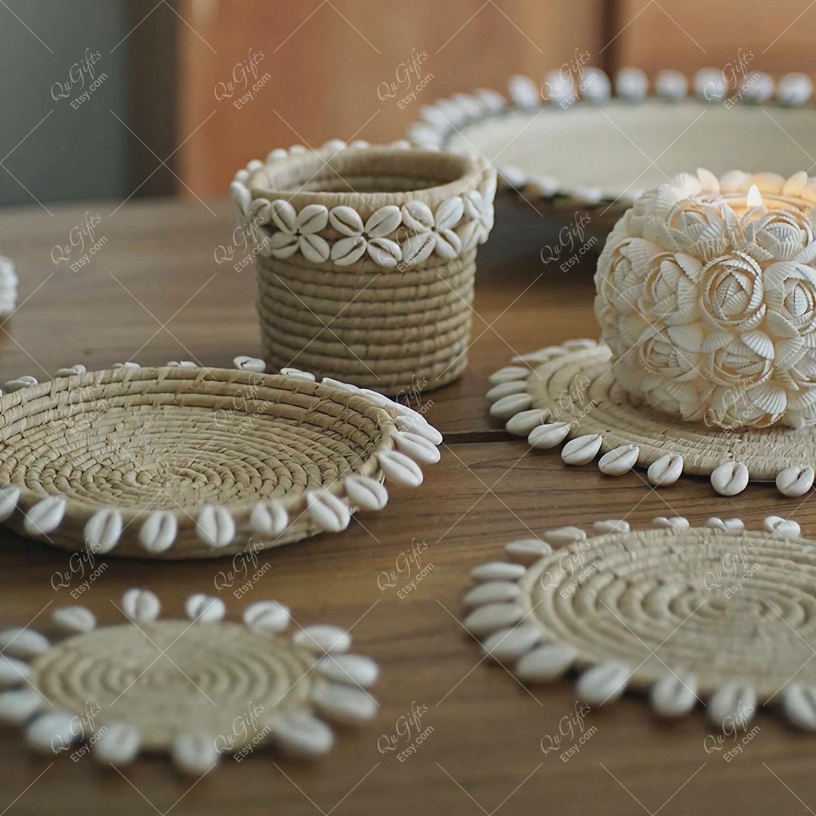 Handwoven Cowrie Shell Placemats & Coasters: Boho Coastal Table Decor ...