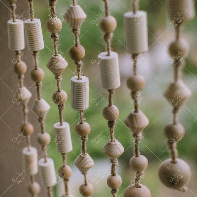 Wood Bead Door Curtain, Handmade Natural Wood Room Divider, Rustic Cafe ...