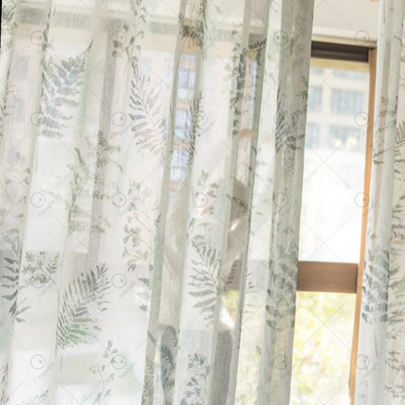 Green Fern Sheer Curtain, Custom Size Living Room Curtain, White Sheer ...