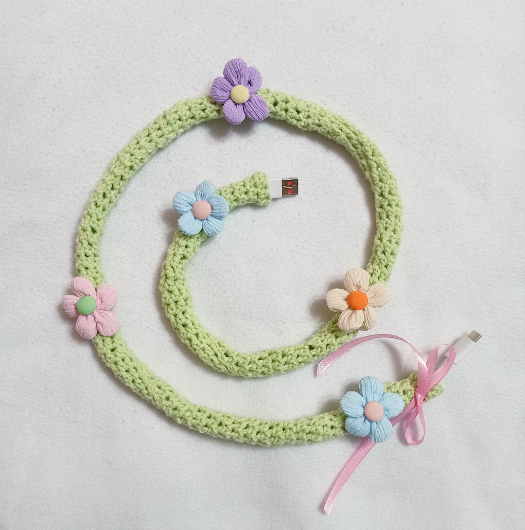 Crochet Phone Charger Tube With Flowers, 1m, Phone Cable Cover, Cord ...