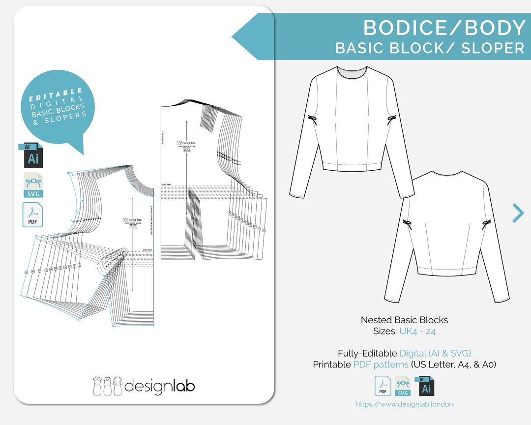 Bodice Basic Block Sloper UK4 24 Ai, SVG & PDF - Etsy Canada