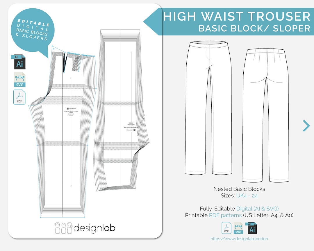 High Waist Trouser Basic Block Sloper Relaxed Fit UK4 24 Ai, SVG, PDF ...