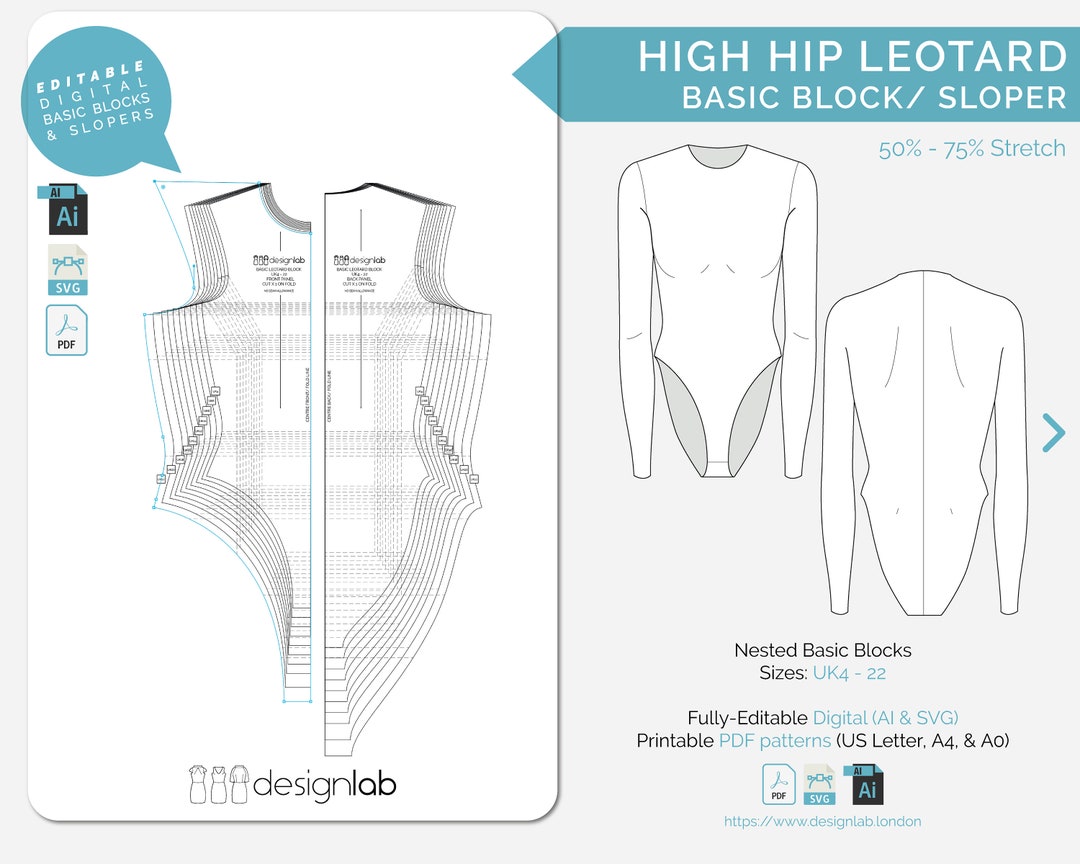 High Hip Leotard Basic Block Sloper UK 4 24 Ai, SVG, PDF 50 75% Stretch ...