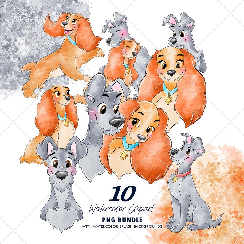 Lady and the Tramp Clipart PNG Bundle, Watercolor Hand Drawn ...