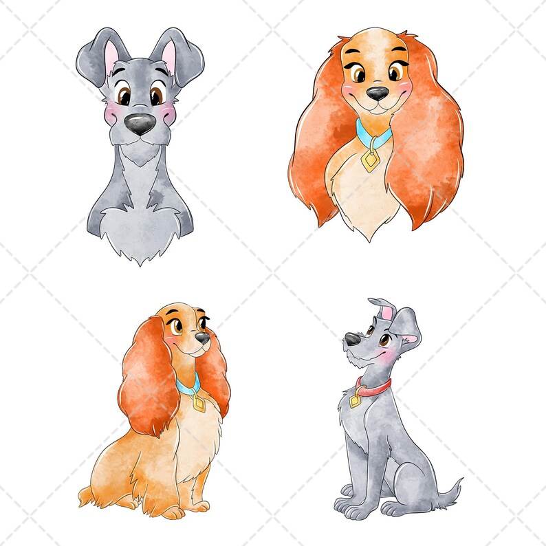 Lady and the Tramp Clipart PNG Bundle, Watercolor Hand Drawn ...