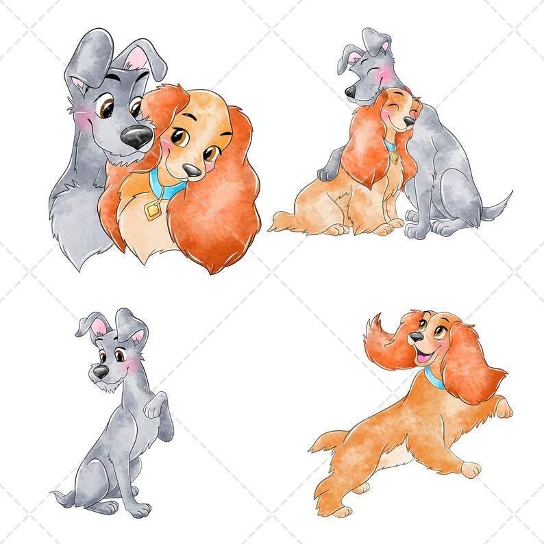 Lady and the Tramp Clipart PNG Bundle, Watercolor Hand Drawn ...