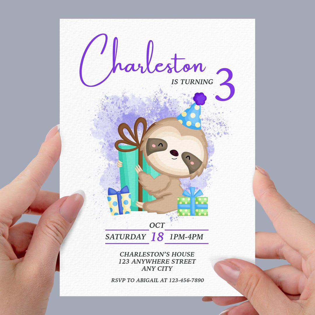 Personalized Digital Sloth Birthday Invitation | Printable Sloth Party ...