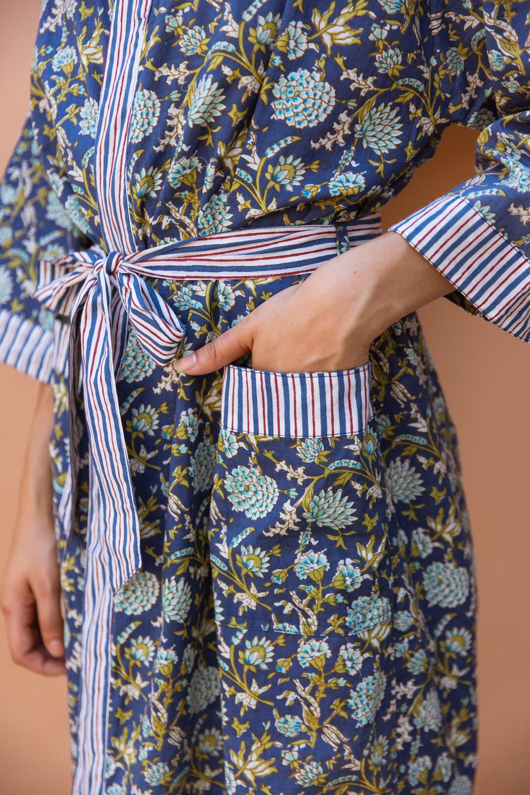 Cotton Kimono Robe, Block Print Floral Robe With Pockets, Calf Length ...