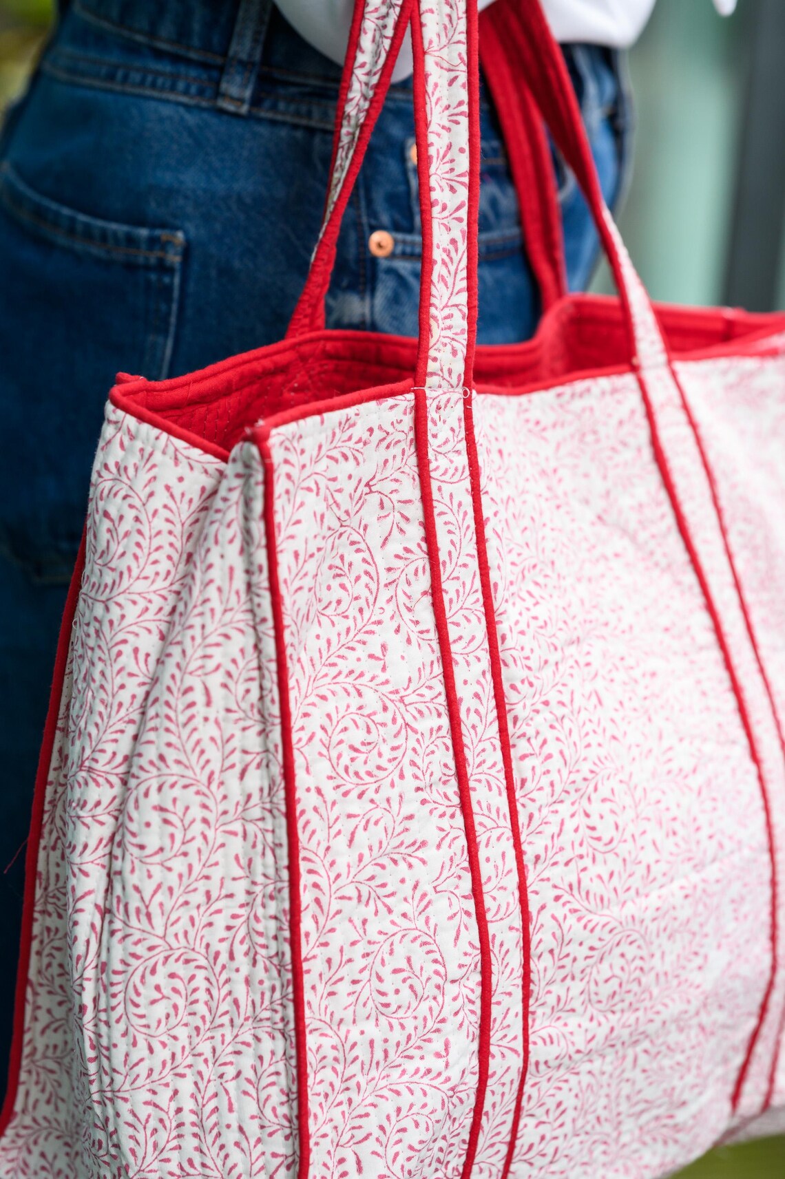 Handmade Quilted Cotton Tote Bag: Red Block Printed Shopping Bag ...