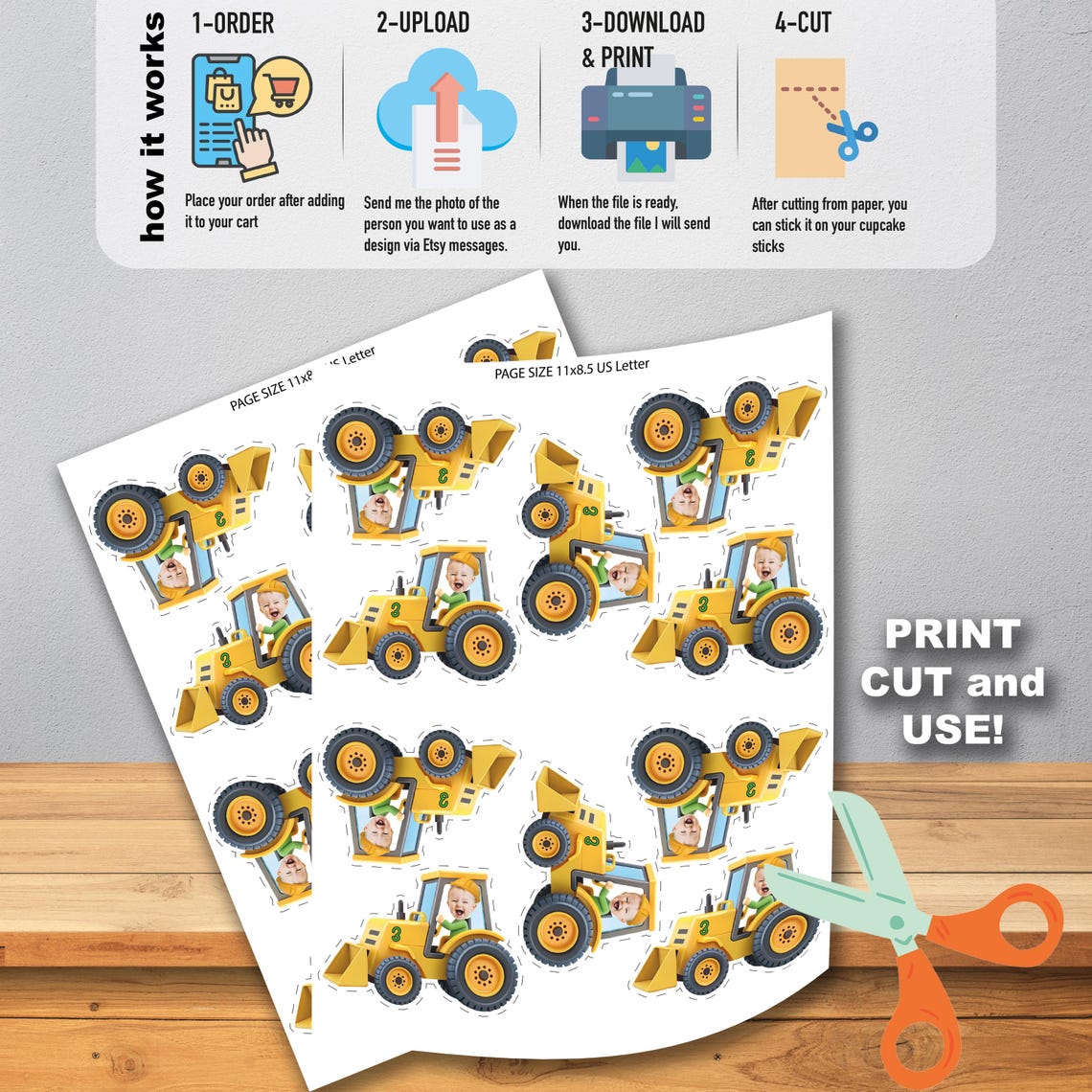 Backhoe Loader Cupcake Topper Excavator Design Printable Digital File ...