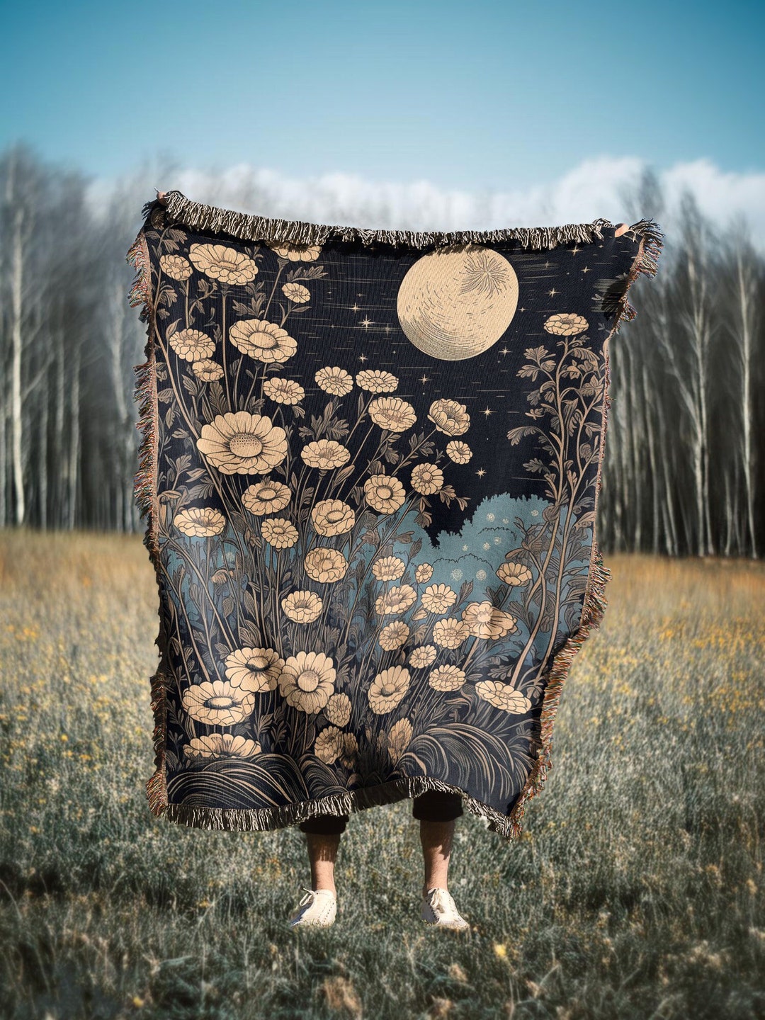 Vintage Moon Wildflowers Throw Blanket | Floral Cottagecore Woven Rug ...