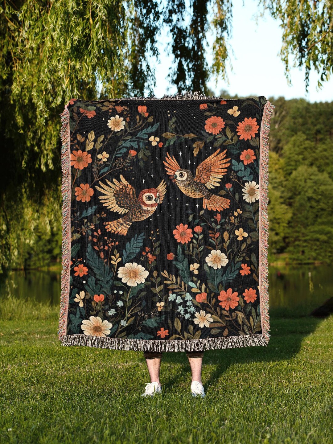 Colorful Floral Owls Woven Throw Blanket | Boho Tapestry Cotton Rug ...