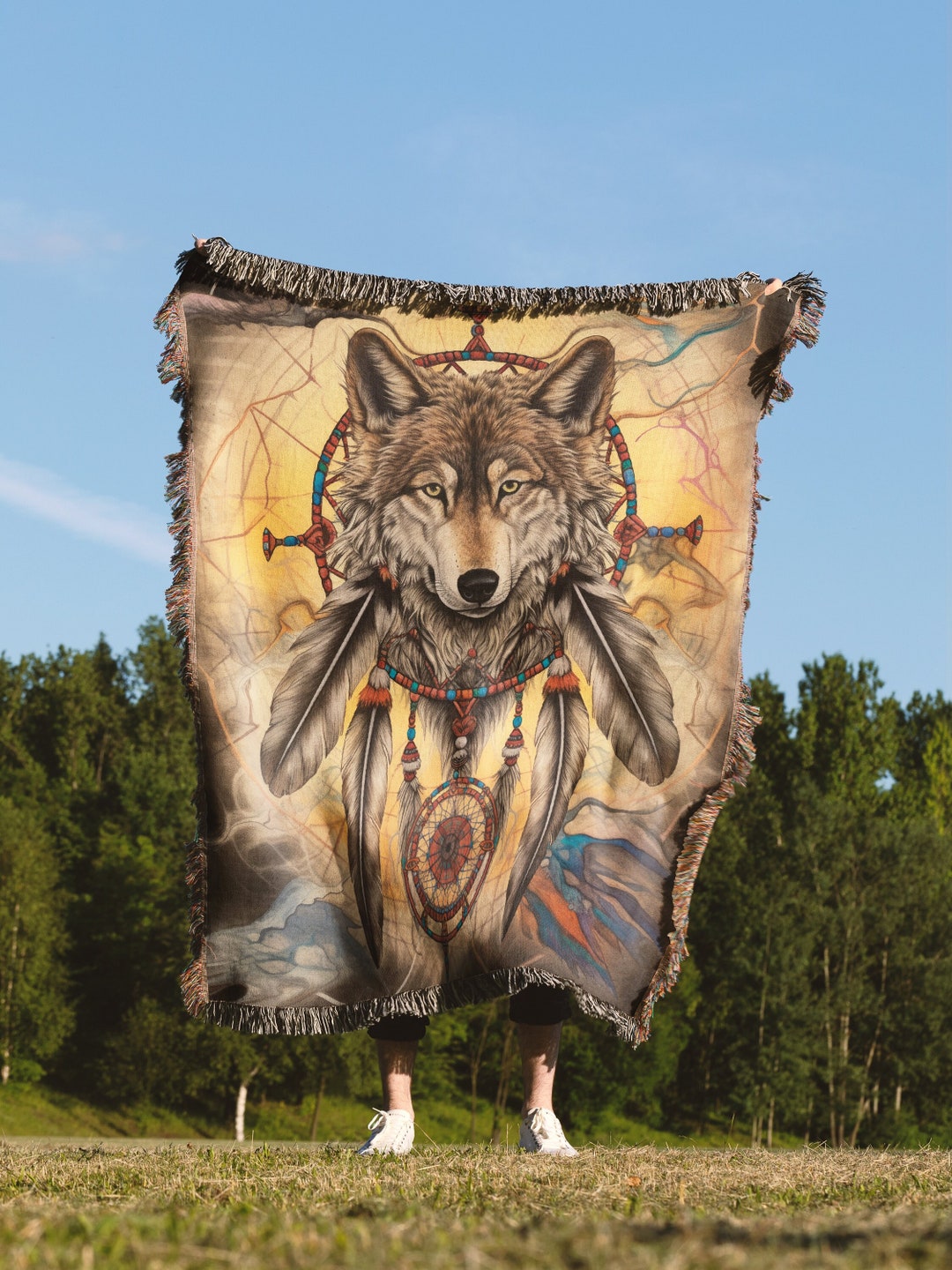 Native American Wolf Throw Blanket Indigenous Woven Wall Etsy