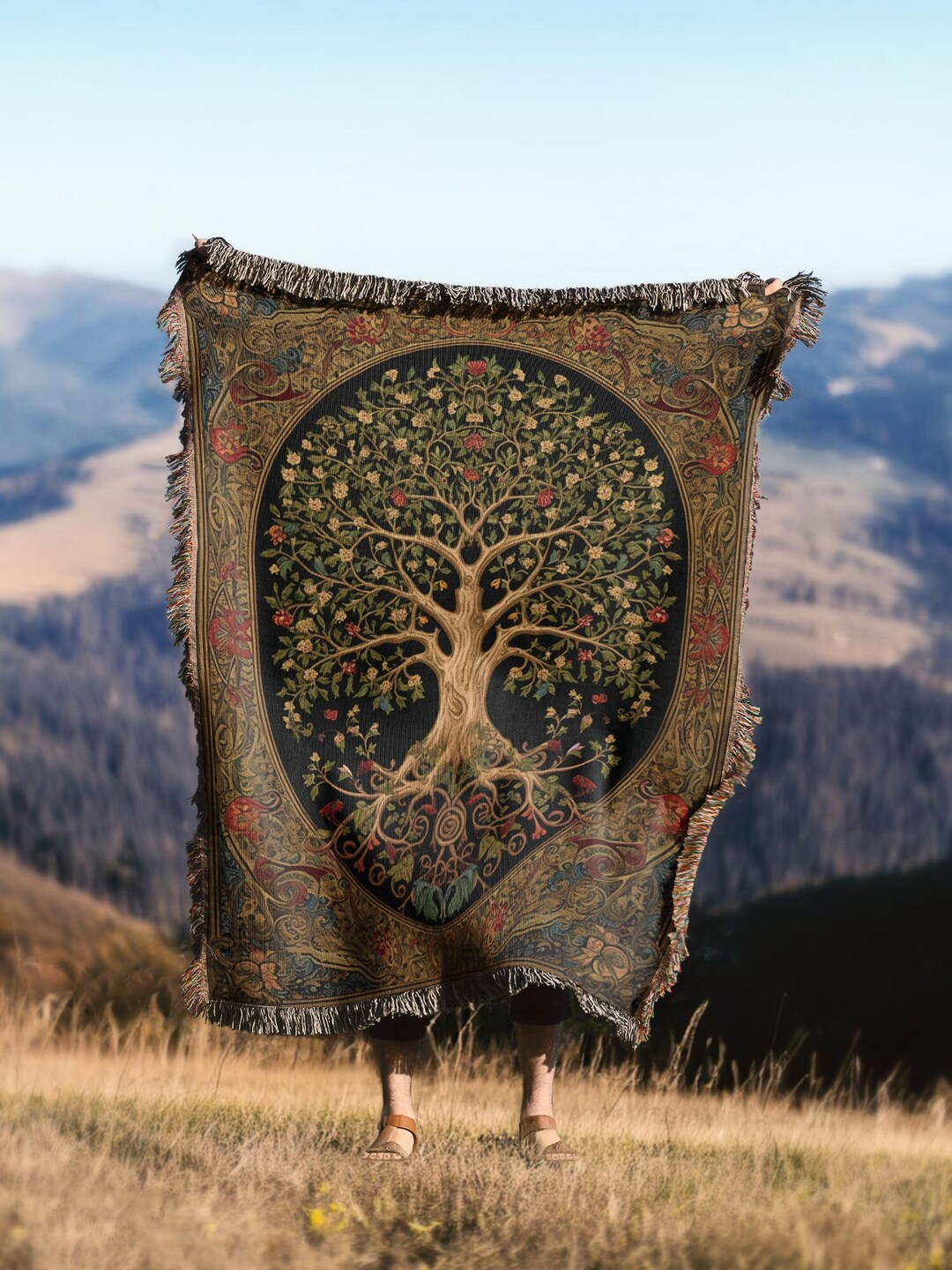 Medieval Tree of Life Woven Throw Blanket | Warm Botanical Wall Hanging ...
