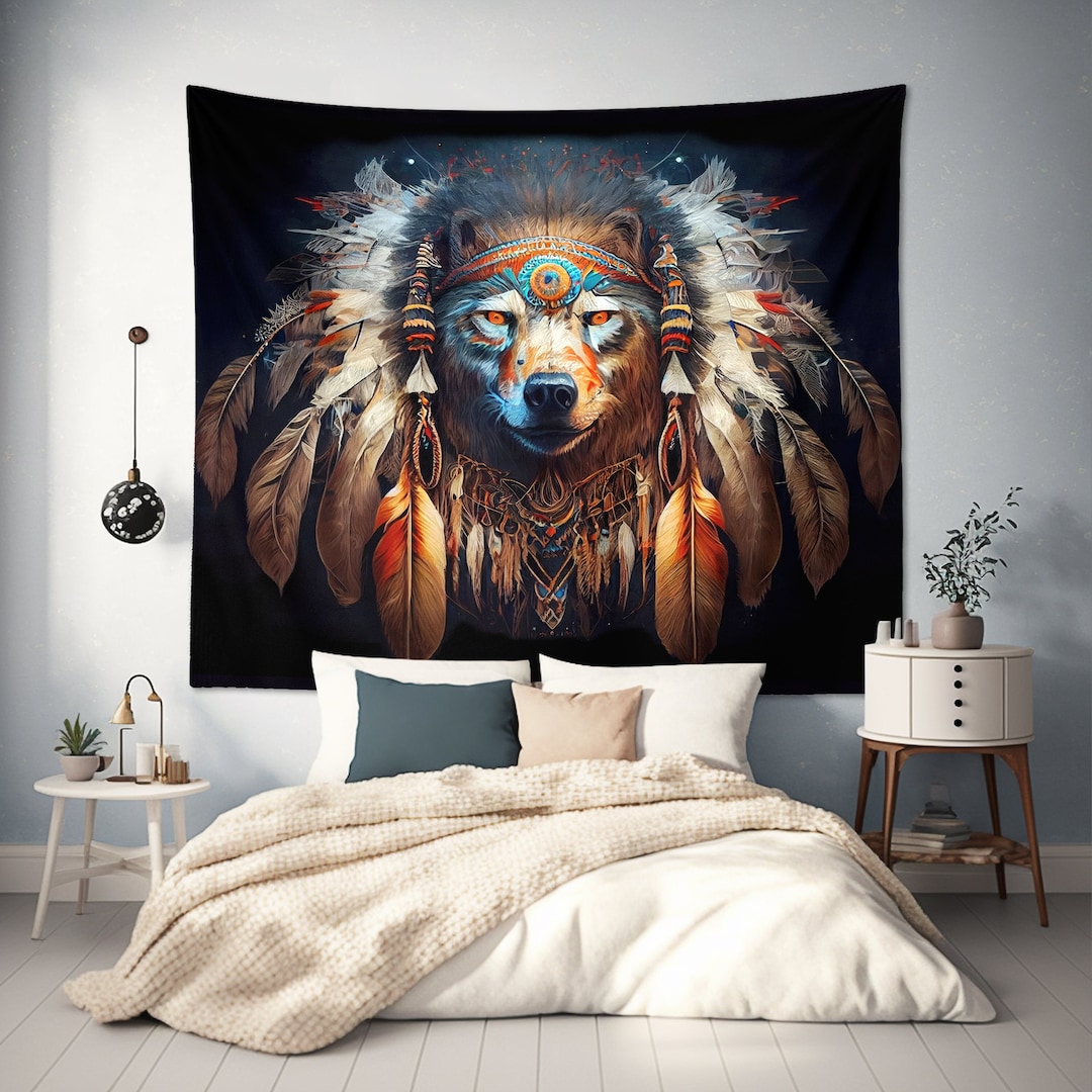 Native Grizzly Bear Tapestry | Wall Hanging Art - for Kids Room Dorm ...