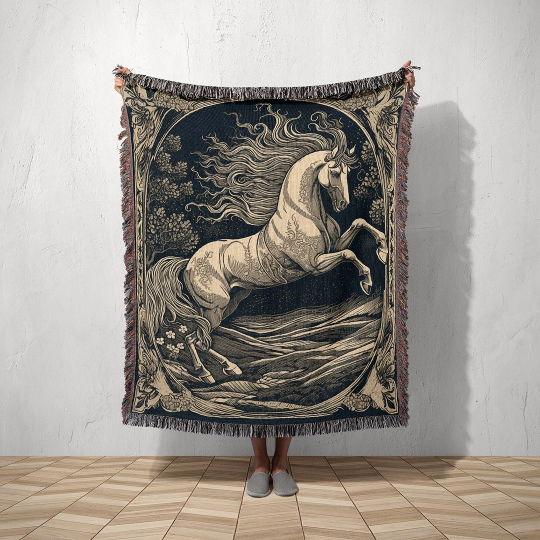 Medieval Stallion Horse Throw Blanket Tapestry Rug Vintage Mid-century ...