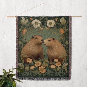 Cute Floral Capybaras Throw Blanket | Cozy Woven Wall Hanging Rug ...