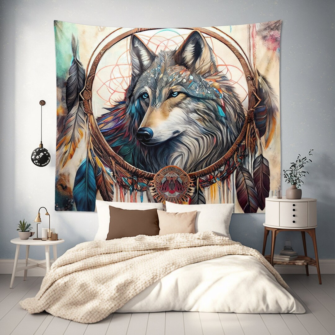 Native American Wolf Tapestry | Wolf Dreamcatcher Wall Hanging Art ...