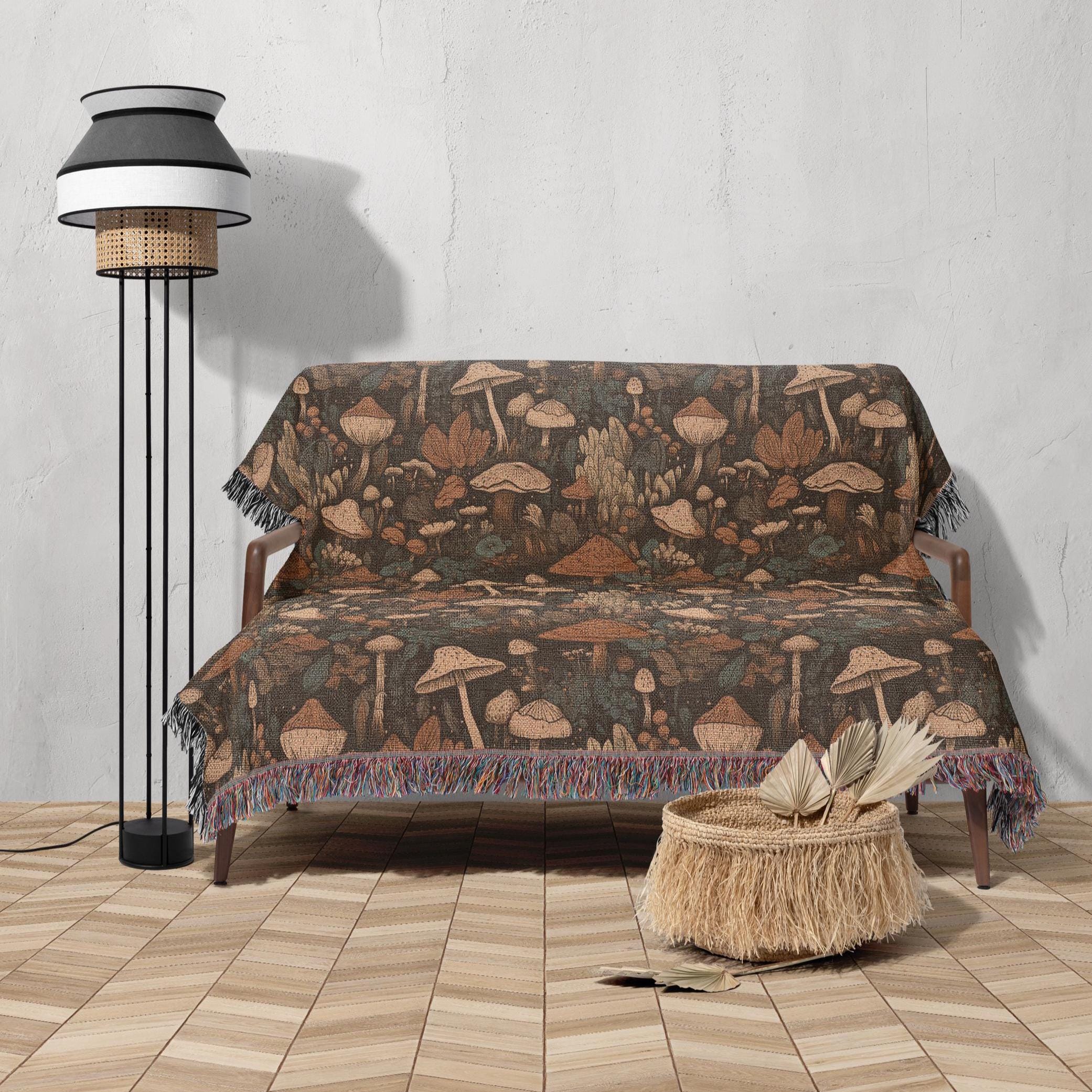 Mushroom Throw Blanket Tapestry | Fungi Pattern Woven Wall Hanging Rug ...