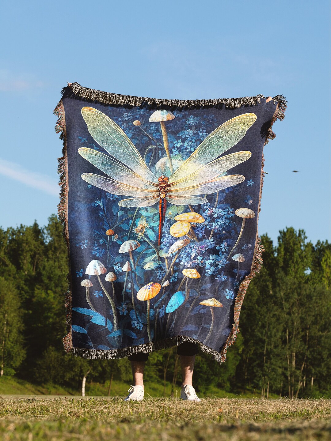 Magic Mushroom Dragonfly Throw Blanket | Fungus Woven Tapestry Wall ...