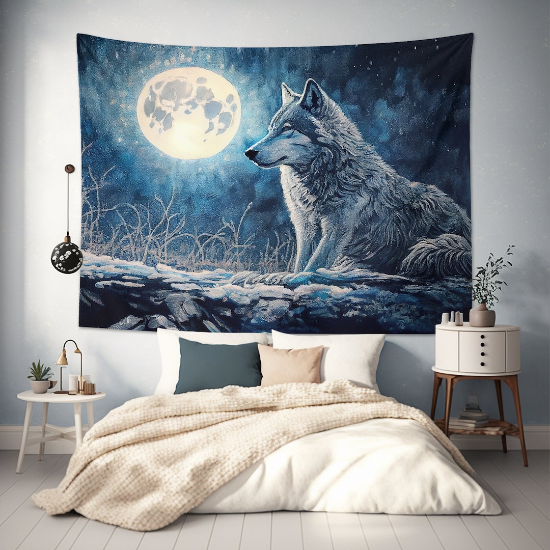 Celestial Moon Wolf Tapestry Wall Hanging Art - for Living Kids Bedroom ...