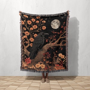 Dark Cottagecore Crow Blanket Tapestry Rug | Raven Woven Wall Hanging ...