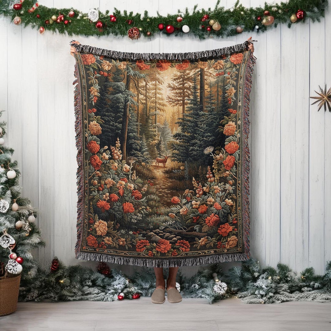 Christmas Reindeer Cotton Throw Blanket | Cottagecore Holiday Woven Rug ...