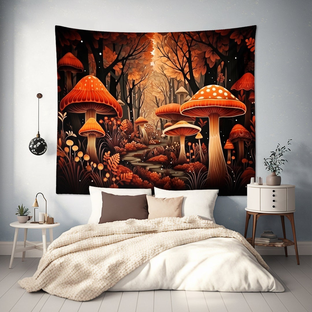 Autumn Mushroom Forest Tapestry Wall Hanging Halloween Art Decor for ...
