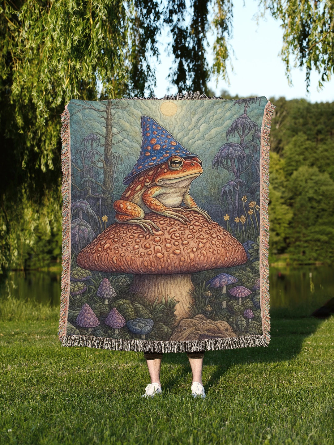 Wizard Frog Toadstool Mushroom Throw Blanket Woven Wall Hanging Decor ...