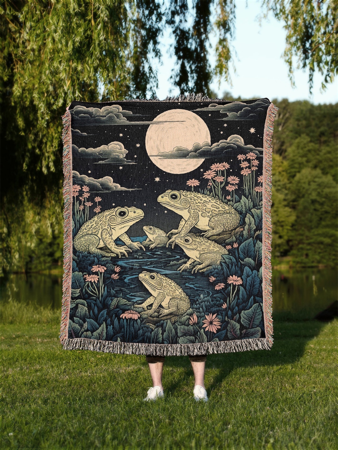 Moonlight Floral Frogs Throw Blanket | Vintage Cottagecore Woven Rug ...